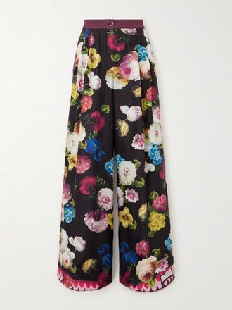Dolce & Gabbana Hose Mit Weitem Bein Aus Seiden-twill Mit Blumenprint - Schwarz