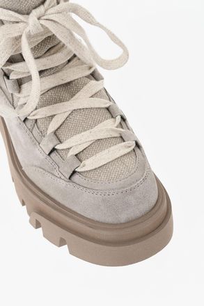 Brunello Cucinelli Schn&uuml;rstiefeletten aus Wildleder und Textil mit Strass und Track-Sohle Brunello Cucinelli