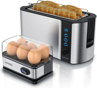 Arendo Fr&uuml;hst&uuml;cksset, Langschlitz Toaster 4 Scheiben, Eierkocher f&uuml;r 6 Eier, Silber - Arendo