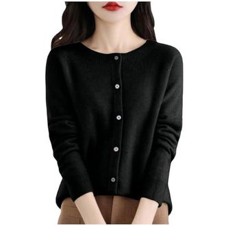 Generic Cardigan en cachemire pour femme, col rond, pull moelleux printemps hiver &agrave; manches longues tricot&eacute; de couleur unie, Noir 1., 3XL