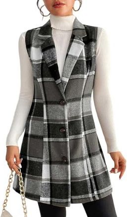 Generic Vestes pour femmes, grande taille, gilet, manteau, tendance, &agrave; carreaux, veste sans manches pour lautomne et lhiver, tenue d&eacute;contract&eacute;e, Noir, XL