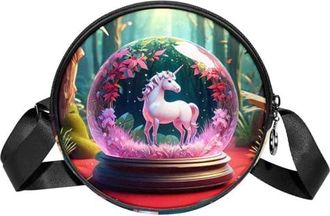 Generic Sac &agrave; bandouli&egrave;re rond pour femme, motif licorne et boule de cristal, petit sac &agrave; bandouli&egrave;re avec fermeture &eacute;clair, bretelles r&eacute;glables, sac &agrave; main r
