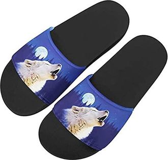 CHAQLIN Chaussons pour homme et femme - Bout ouvert - Antidérapants - Pour la douche, le spa, le bain - Pour lintérieur et lextérieur - Bleu - Loup animal ble
