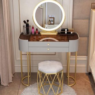 Generic Schminkstuhl, modernes Schminktisch-Set mit LED-Beleuchtung und gepolstertem Hocker, 2 Schubladen, großer Frisiertisch aus Holz mit Schminkspiegel für