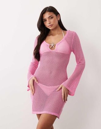 South Beach Robe courte en maille au crochet &agrave; manches longues - Rose