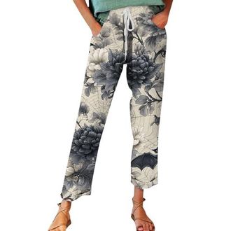 Generic Pantalon en Lin pour Femme Fluide Pantacourt &Eacute;t&eacute; Pantalon Court en Lin pour Femme Grande Taille Taille Haute Jambe Large Longueur Cheville Ray&eacute; La Pla