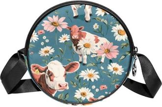Generic Sac &agrave; bandouli&egrave;re rond pour femme, motif vaches, marguerites, petit sac &agrave; bandouli&egrave;re avec fermeture &eacute;clair, bretelles r&eacute;glables, sac &agrave; main rond d&eacute;co