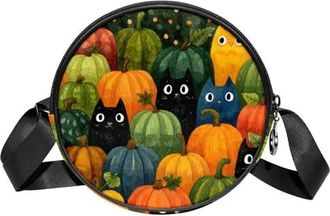 Generic Sac &agrave; bandouli&egrave;re rond pour femme, citrouilles color&eacute;es, chats noirs, petit sac &agrave; bandouli&egrave;re avec fermeture &eacute;clair, bretelles r&eacute;glables, sac &agrave; main r