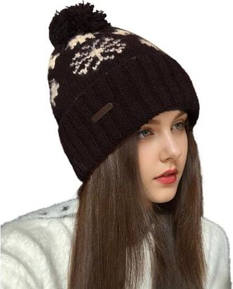 Generic Bonnet Femme Hiver Bonnet Femme Chapeau Femme Hiver Confortable Classique - Tricot&eacute; Bobble &Agrave; Bord Roul&eacute; Fair Isle, Chaud pour Activit&eacute;s Ext&eacute;rieures en