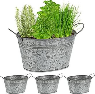 Relaxdays Zinkwanne 4er Set, verzinkte Blechwanne für Garten, ovale Kübel, Dekowannen, HxBxT: 15,5x29x17,5cm, Silber