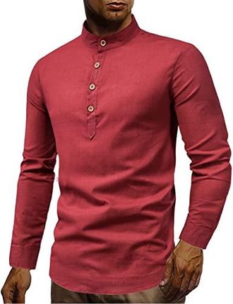 Generic Chemise en coton et lin &agrave; bouton 1/4 pour homme, chemise &agrave; col montant de couleur unie, chemises d&eacute;contract&eacute;es, chemises polyvalentes &agrave; manches longue
