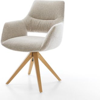 DELIFE Drehstuhl Yago-Flex mit Armlehnen Webstoff Soft Beige Holzgestell kantig Natur 360&deg; drehbar Taschenfederkern, Esszimmerst&uuml;hle