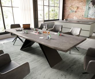 DELIFE Esstisch Edge 260x100 Akazie Platin V-Gestell Flachstahl Schwarz Live-Edge, Esstische, Baumkantenm&ouml;bel, Massivholzm&ouml;bel, Massivholz