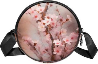 Generic Petit sac &agrave; bandouli&egrave;re rond pour femme, motif fleurs de cerisier avec fermeture &eacute;clair, bretelles r&eacute;glables, sac &agrave; main rond d&eacute;contract&eacute; pour femmes 