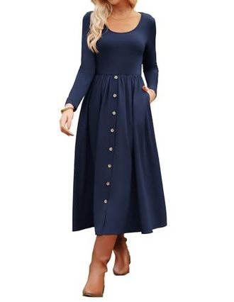 Grace Karin Robe midi pour femme, col en U, manches longues, coupe trap&egrave;ze, avec boutons, bleu marine, M
