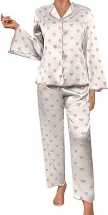 Generic Pyjama Femmes Ete Satin Pyjama Femme Coton Hiver Ensemble Décontracté 2 Pièces pour Femme Imprimé Doux Manches Longues Confortable Chemise Nuit Pantal