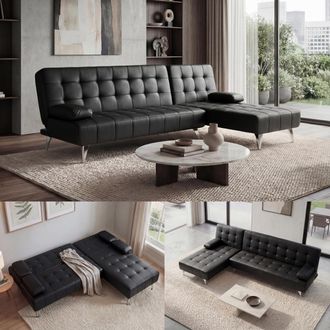 Mendler Schlafsofa HWC-K22AM, Couch Ecksofa Sofa, Liegefl&auml;che Links/rechts Schlaffunktion 236cm - Kunstleder schwarz