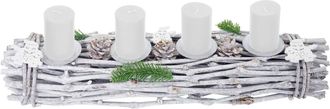 Mendler Adventskranz-AM länglich, Weihnachtsdeko Adventsgesteck, Holz 60x16x9cm weiß-grau - mit Kerzen, weiß