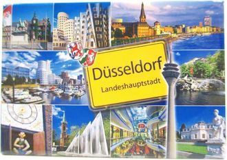 Generic Düsseldorf Magnet Foto Souvenir Germany Rheinufer Ortsschild gelb