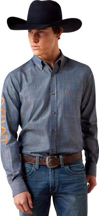 Ariat Mens Team Logo Twill Fitted Shirt Long Sleeve in Chambray Blue Saddle Brown, Size 2X-Large, by Ariat