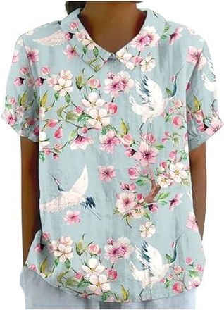 Generic T-shirt d&eacute;t&eacute; pour femme - Col rond &eacute;l&eacute;gant - Col rond - Chemise en lin imprim&eacute;e - Pull ample - T-shirt d&eacute;contract&eacute;, bleu ciel, XXL