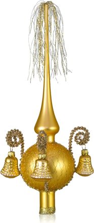 Lauschaer Glas Weihnachtsbaumspitze mit Formglöckchen Gold matt, umsponnen L ca. 28cm d(Kugel) 7cm Christbaumschmuckspitze mundgeblasen,handdekoriert, Leonischer Dra