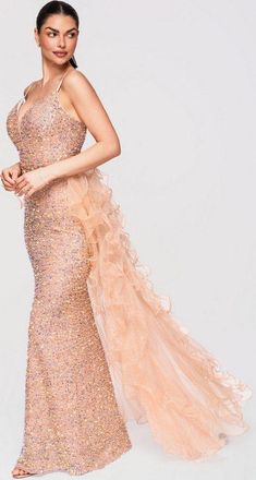 Ombre Abendkleid Maxikleid Pailletten Meerjungfrau Abendmode Beige S (kein Set, 1-tlg) Paillettenapplikation, T&uuml;llr&uuml;schen