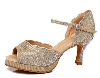Minitoo Chaussures de danse confortables pour femme avec strass pour mariage, soir&eacute;e, L391 Or clair Talon 7 5 cm, 40.5 EU