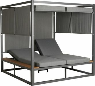 Hhg [NEUWERTIG] Aluminium Lounge-Gartenliege HHG-805, Sonnenliege Bali-Liege Doppelliege Outdoor-Bett Daybed, 10cm-Polster hellgrau