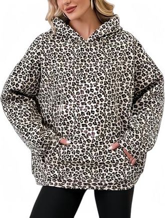 Generic Sweat &agrave; capuche l&eacute;opard surdimensionn&eacute; pour femme, sweat &agrave; capuche camouflage &agrave; manches longues, blanc, XXL