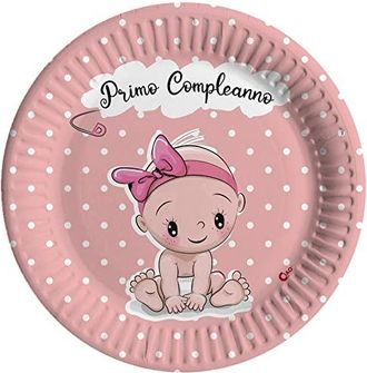 Ciao Italy Kompostierbare Pappteller zum ersten Geburtstag (Ø18 cm), 8 Stück, Rosa 16-21 cm, 34767