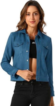 Allegra K Veste femme en simili daim avec col rabattu et poches à rabat Paon bleu XL