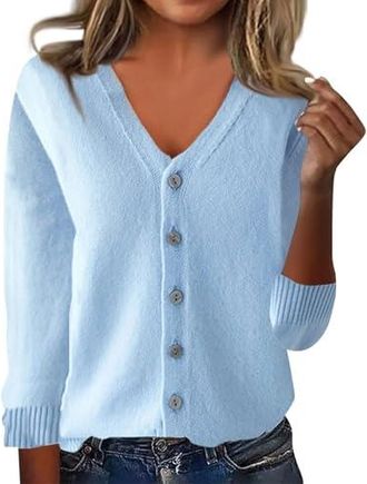 Generic Pull pelucheux pour femme, col en V boutonné à manches longues, chandails en tricot de couleur unie, pulls légers, cardigans, vestes dautomne et dhive