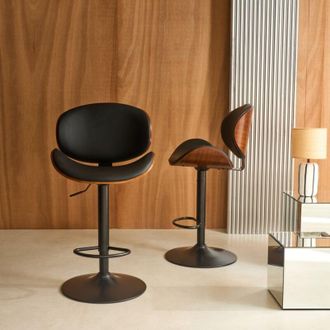Sweeek Lot de 2 tabourets de bar r&eacute;glable d&eacute;cor bois courb&eacute; et simili cuir - L 53 P 51 x H 95-116cm - Dwight Noyer / Noir