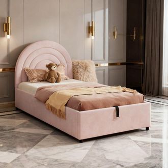 Generic Polsterbett 90x200 cm - Samtbezug in Rosa mit Kopfteil & Holzlattenrost - Einfach montierbares Jugendbett & Erwachsenenbett aus ökologischen Materiali