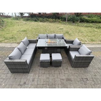 Fimous 10-Sitzer Outdoor pe Rattan Gartenm&ouml;bel Gas Feuergrube Esstisch Set Lounge Sofa 2-teilige Sessel Mit 2-Hockern Dunkelgrau gemischte Terrasse - Fimous