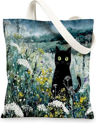 Generic Sacs fourre-tout en toile motif chat artistique, sacs dépicerie réutilisables, légers et lavables avec bandoulière, noir, 13x15 Inch