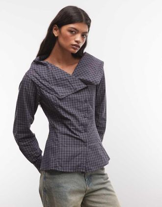Weekday Multi Style Hemd mit Trichterkragen in Schwarz-Blau kariert