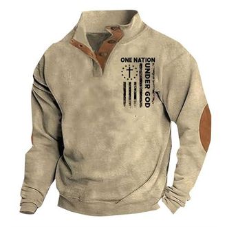 Generic Pull Vintage Homme Drapeau Am&eacute;ricain Col Henley - Boutonn&eacute; Patchwork Design Ample Thermique Sweatshirt Casual, Style D&eacute;contract&eacute; Urbain pour Saisons d