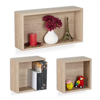 Relaxdays Wandregal W&uuml;rfel, 3er Set, Schweberegal Holzoptik, 2 Gr&ouml;&szlig;en, rechteckig & quadratisch, W&uuml;rfelregal Wand, Natur