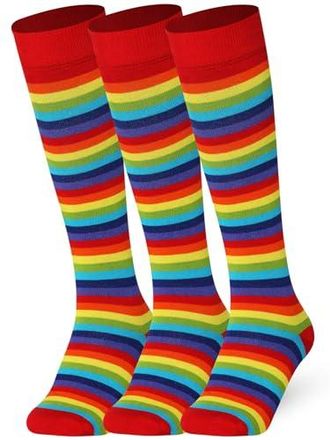 MySocks 3 Paare Unise Kniestr&uuml;mpfe lange Socken Streifen Regenbogen d&uuml;nn