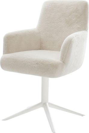 DELIFE Esszimmerstuhl Heira-Flex mit Armlehnen Fu&szlig;kreuz Wei&szlig; Pl&uuml;sch Creme-Wei&szlig; 360&deg; drehbar Wippfunktion Taschenfederkern