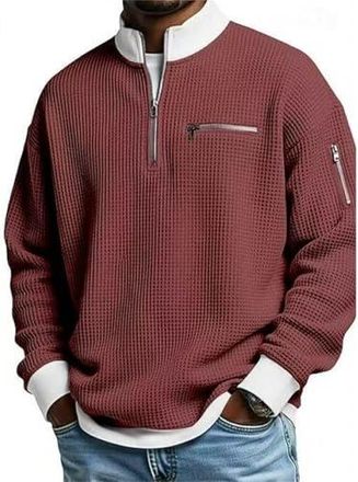 Generic Sweat d&eacute;contract&eacute; &agrave; fermeture &eacute;clair contrast&eacute;e pour homme, col montant, demi-fermeture &eacute;clair, pull gaufr&eacute; ample, bordeaux, 5XL