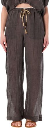 120% Lino Femme, Pantalons, Brun, Taille: 44 FR Pantalon &agrave; jambes larges