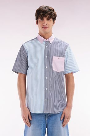 Eden Park Chemise &Agrave; Manches Courtes Ray&eacute;e En Coton Ciel Rose Et Marine Coupe Droite