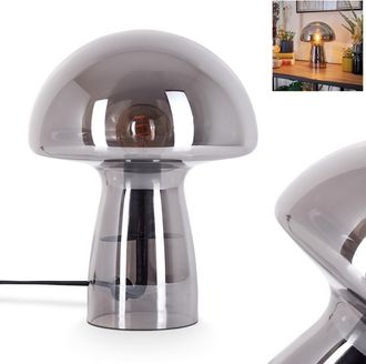 HOFSTEIN Tischleuchte Almagre, Tischlampe aus Metall/Glas in Schwarz/Chrom/Rauch, Leuchte im modernen Vintage/Retro-Design mit Schirm aus Glas (Ø 18cm) u. An/-