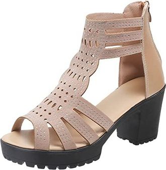 Generic Sandales &agrave; talon carr&eacute; pour femme - Sandales &agrave; bride d&eacute;coup&eacute;e - Bout ouvert - Avec fermeture &eacute;clair - Chaussures de marche confortables - Cadeau pour 