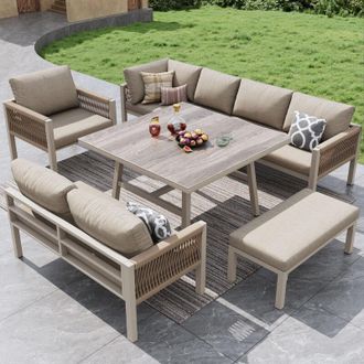 STILVORA Salon de Jardin avec 3 Canap&eacute;s 2 Places, 1 Banc, 1 Fauteuil et 1 Table Basse, pour 8 personnes, Fer et Verre, Beige