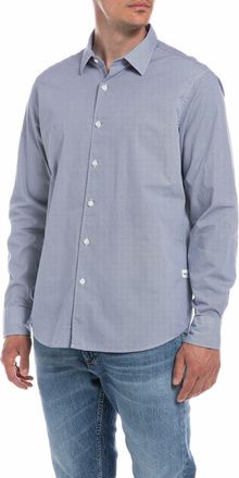 Replay Herren M4049 Hemd, 010 White/LT Blue Micro Print, S