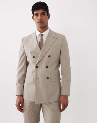 Selected Blazer ajust&eacute; &agrave; fines rayures - Beige-Blanc